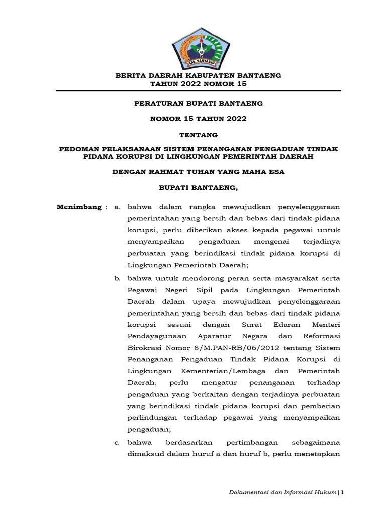 Perbup No. 15 Tahun 2022 Pedoman Pelaksanaan Sistem Penanganan Pengaduan Tindak Pidana Korupsi ...