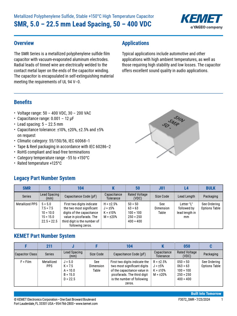SMR, 5.0 - 22.5 MM Lead Spacing, 50 - 400 VDC: Applications | PDF ...