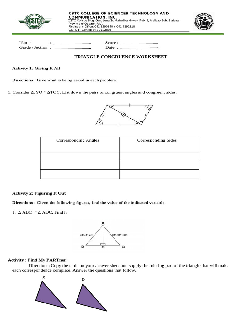 Triangle Congruence Worksheet Activity 1: Giving It All Directions | PDF