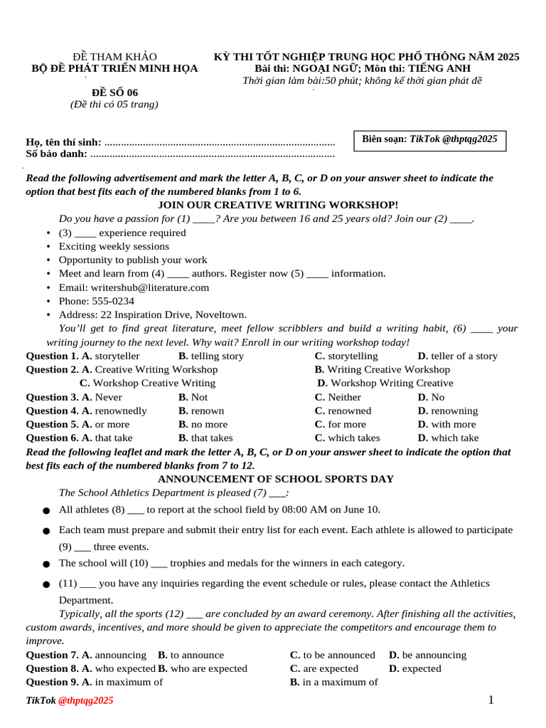 Bá» Ä á» PHÃ T TRIá» N MINH Há» A 2025 - Má» I NHáº¤T (TA12) - Ä á» 6-10 - TikTok @thptqg2025 ...