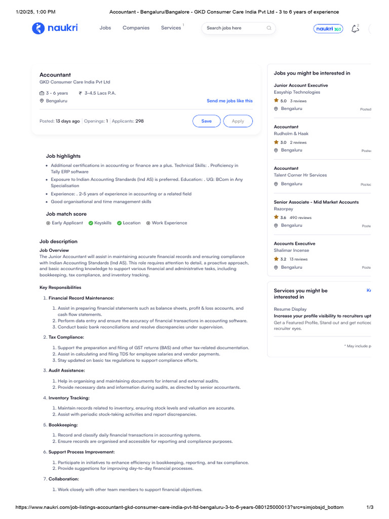 Accountant - Bengaluru - GKD Consumer Care India PVT LTD | PDF | Regulatory Compliance | Accounting