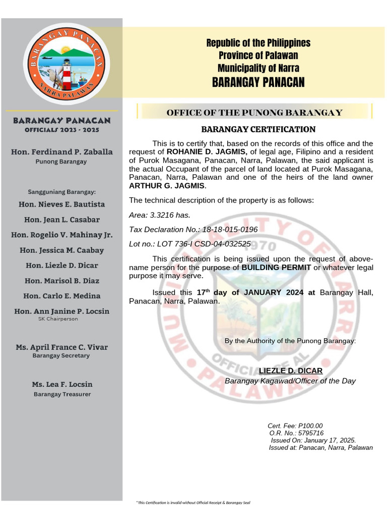 BARANGAY CERTIFICATION For Occupancy Ithout Title - ANG | PDF