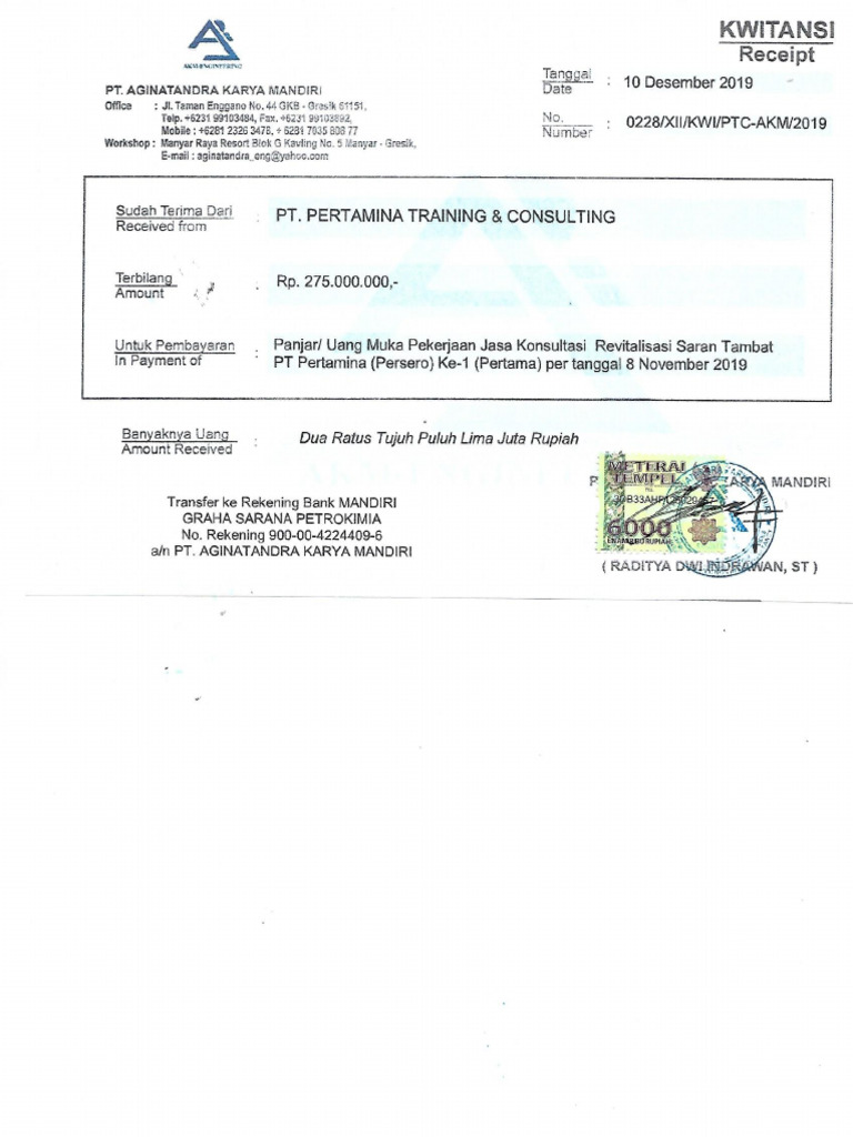 Invoice - PT Pertamina Training & Consulting Ke-1 | PDF