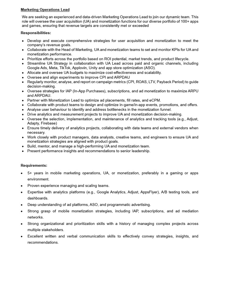 Marketing Operations Lead Job Description | PDF | Analytics | Marketing