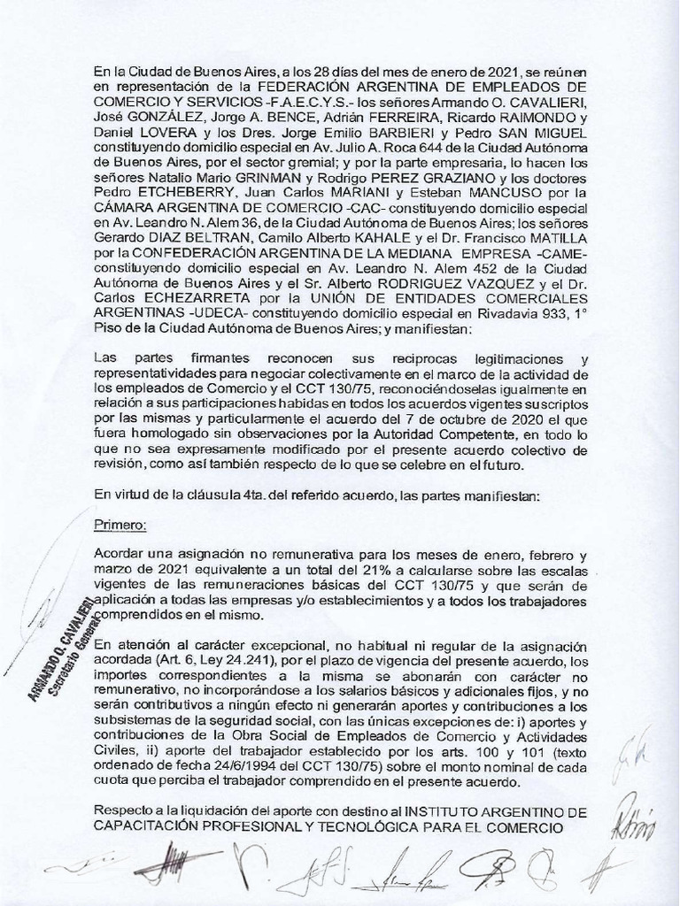 Acuerdo y Escala Empleados de 0comercio Acuerdo Enero 2021 CCT 130 75 | PDF