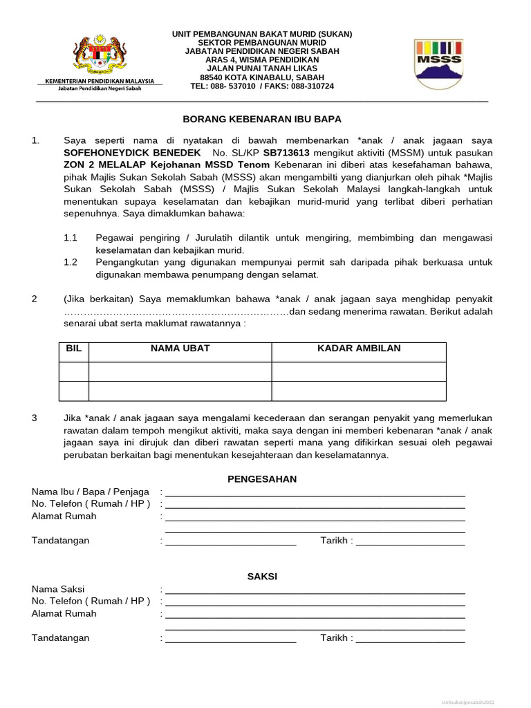 Borang Kebenaran Ibu Bapa Versi JPN Sabah | PDF