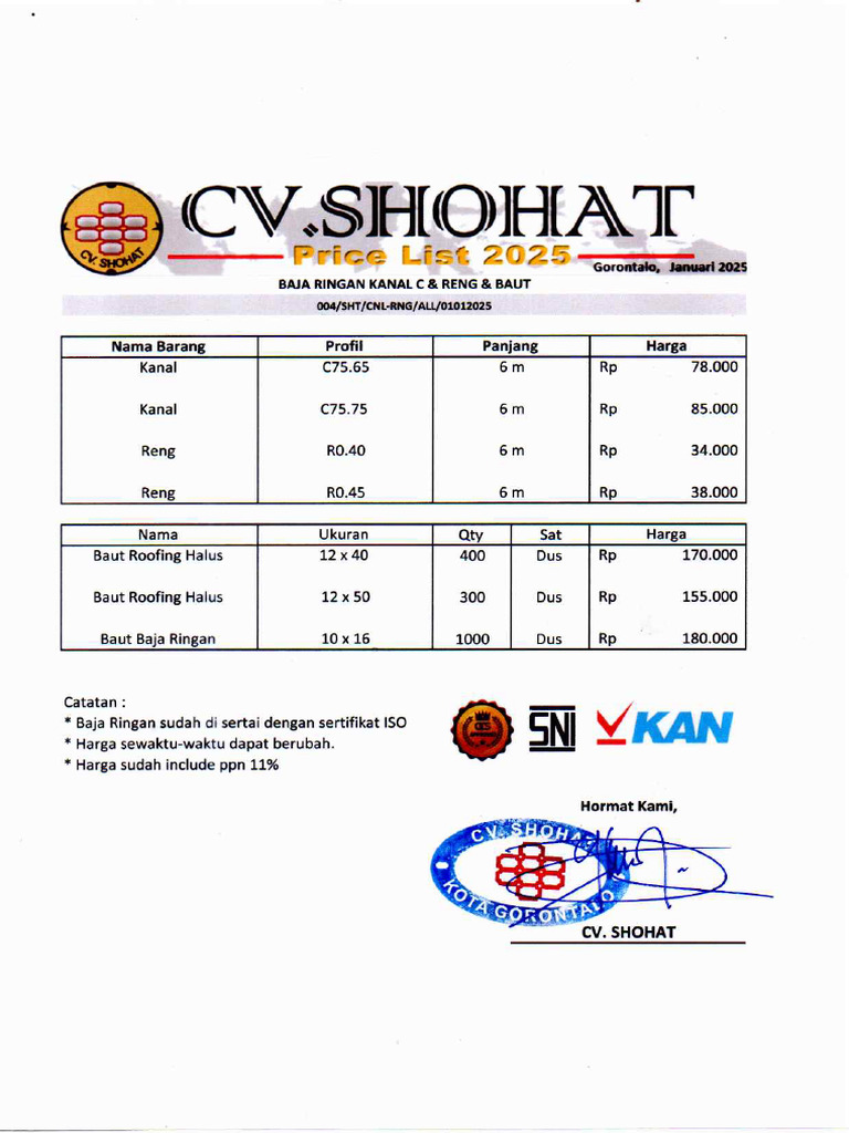 Price List Baja Ringan 2025 | PDF