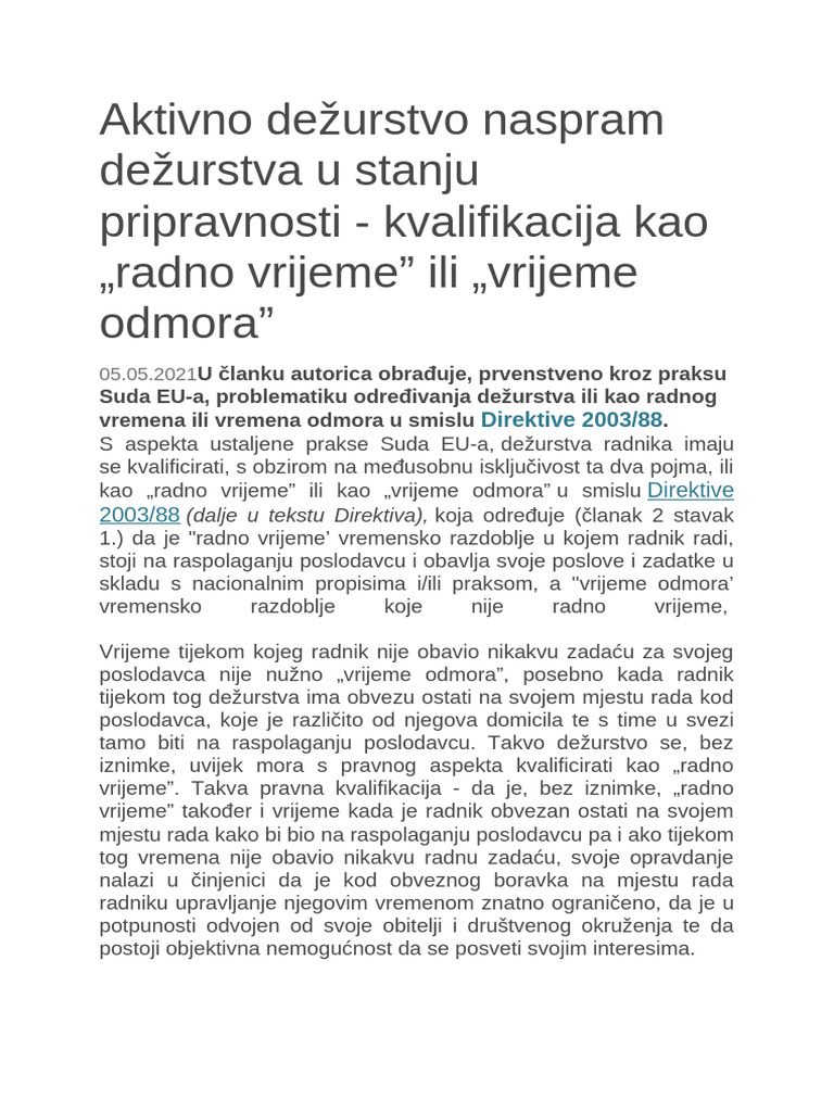 Aktivno Dežurstvo Naspram Dežurstva U Stanju Pripravnosti | PDF