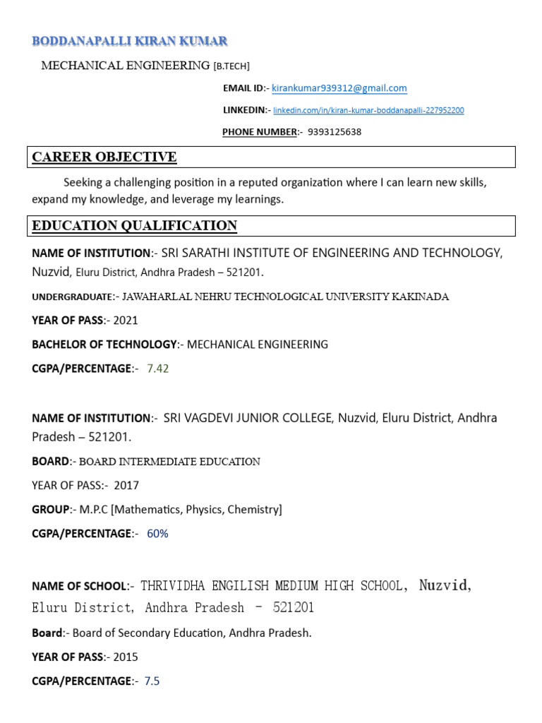 b Kiran Kumar Resume | PDF | Engines | Machines