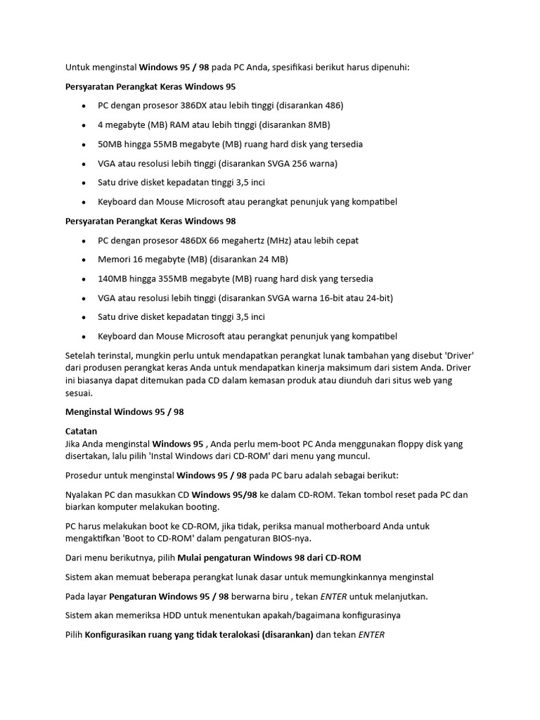 Tutorial Menginstal Wind 95 | PDF