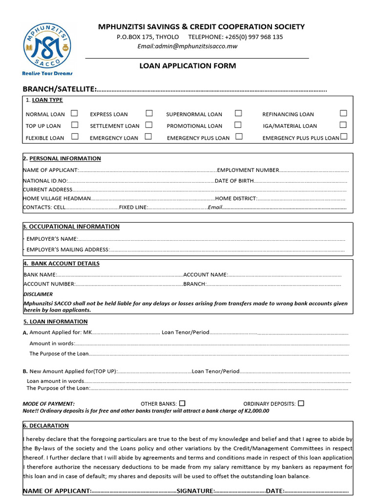 Mphunzitsi Sacco Loan Application Form 23.10.2024 | PDF | Banks | Loans