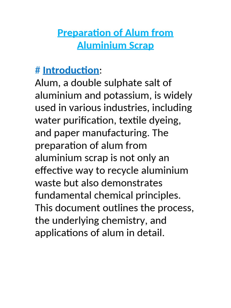 Alum Production from Aluminium Scrap | PDF | Aluminium | Recycling