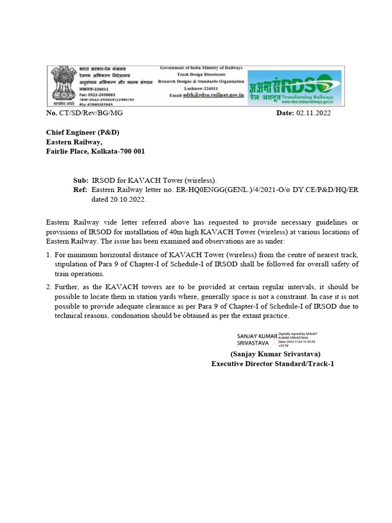 2022 11 02 RDSO Letter Kavach Tower IRSOD Clause | PDF
