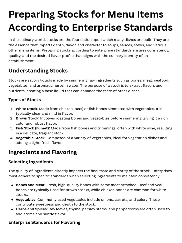 Preparing Stocks For Menu Items According To Enterprise Standards | PDF ...