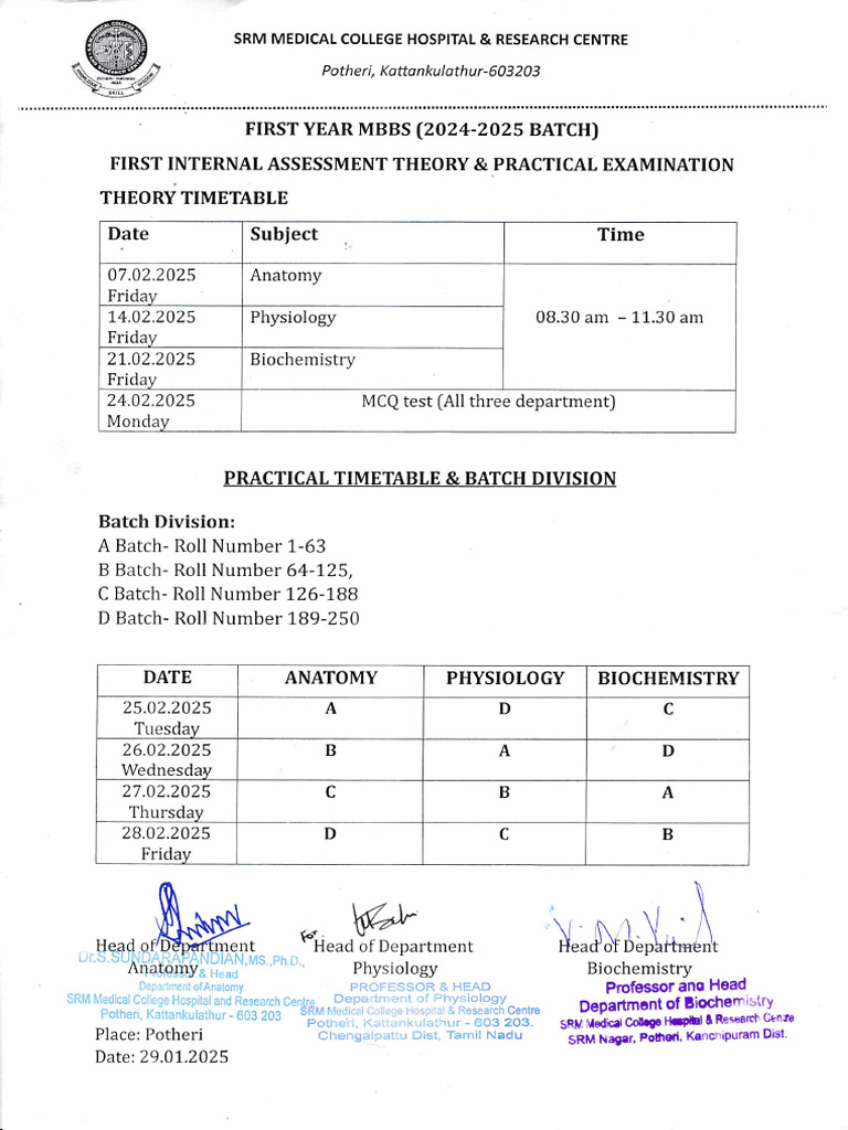 I Internal Exam Timetable and Batch Division | PDF
