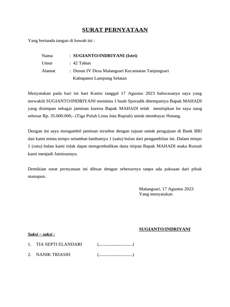 Surat Pernyataan Mbak Gotri | PDF