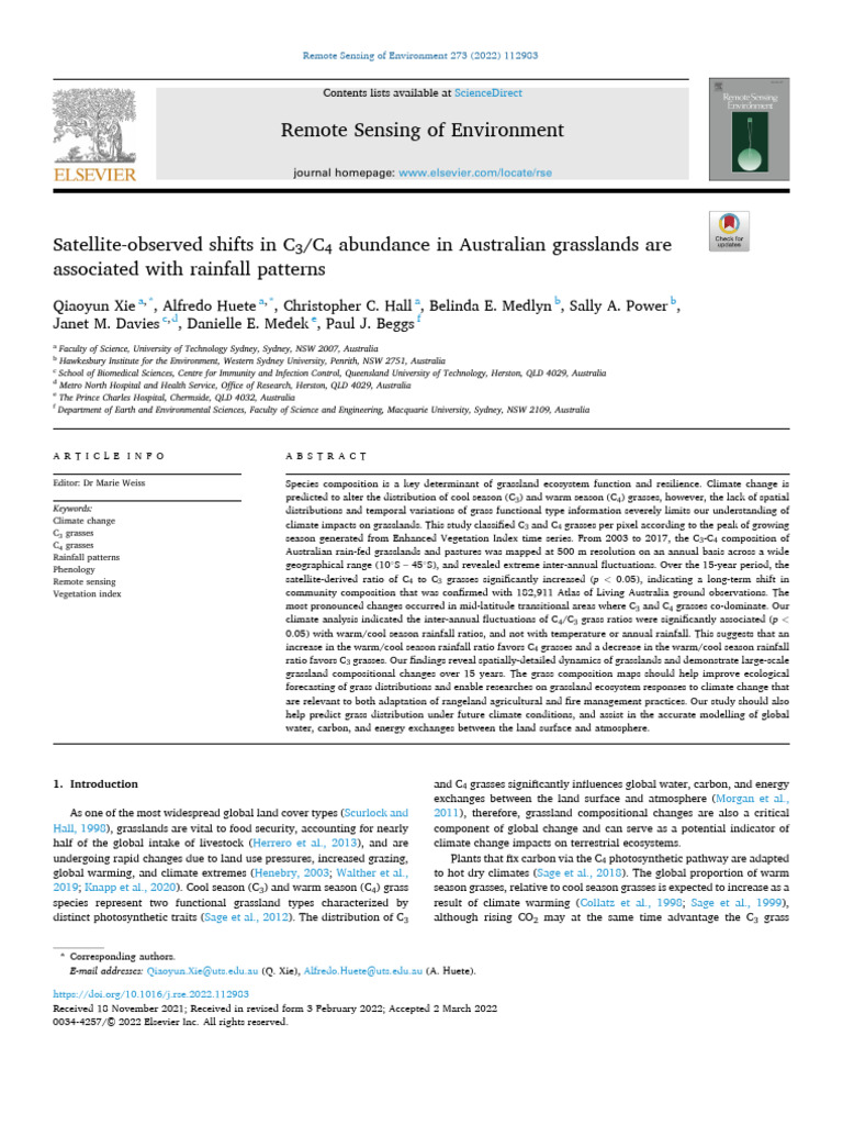 Satellite-Observed Shifts in C3/C4 Abundance in Australian Grasslands ...