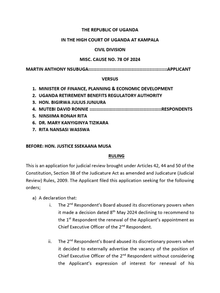 Ruling Martin Anthony Nsubuga Vs MOFPED | PDF | Certiorari | Insurance