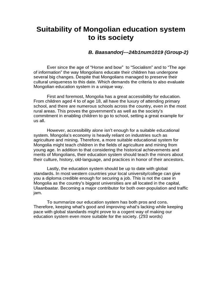 Suitability of Mongolian Education System To Its S | PDF