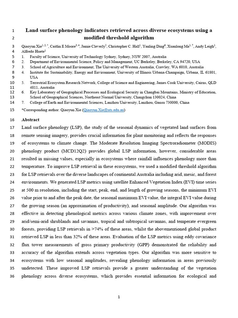 Land Surface Phenology Indicators Retrieved Across Diverse Ecosystems ...