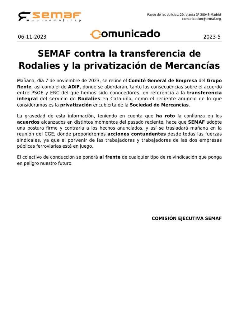 SEMAF Contra La Transferencia de Rodalies y La Privatización de Mercancías | PDF