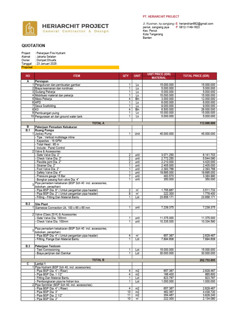 Quotation Pekerjaan Fire Hydrant | PDF