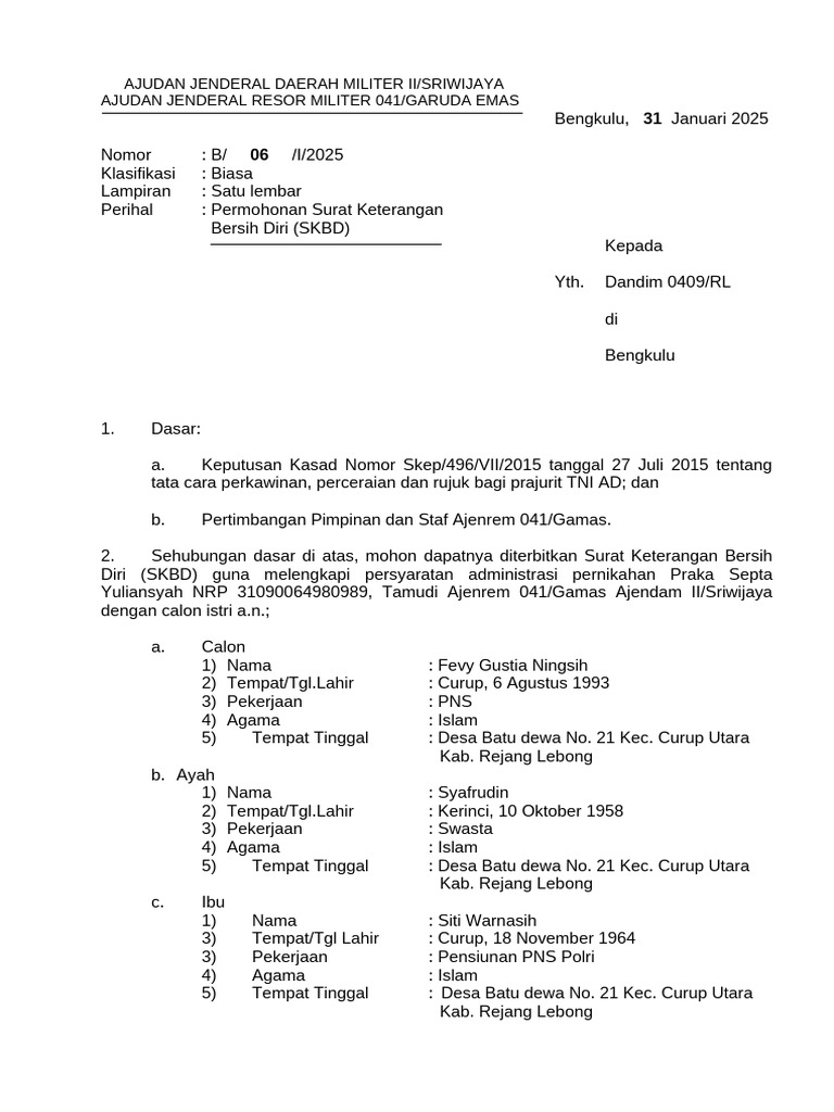 Surat Pengajuan SKBD Nikah | PDF