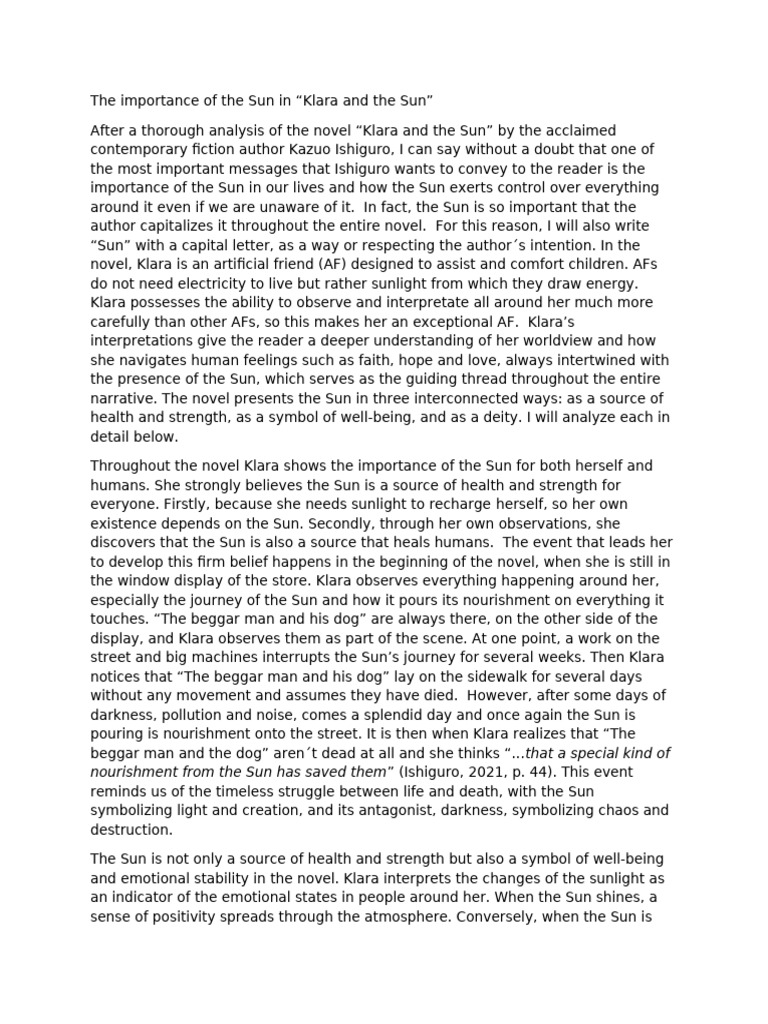 "Klara and The Sun" by Kazuo Ishiguro Literary Analysis Essay | PDF