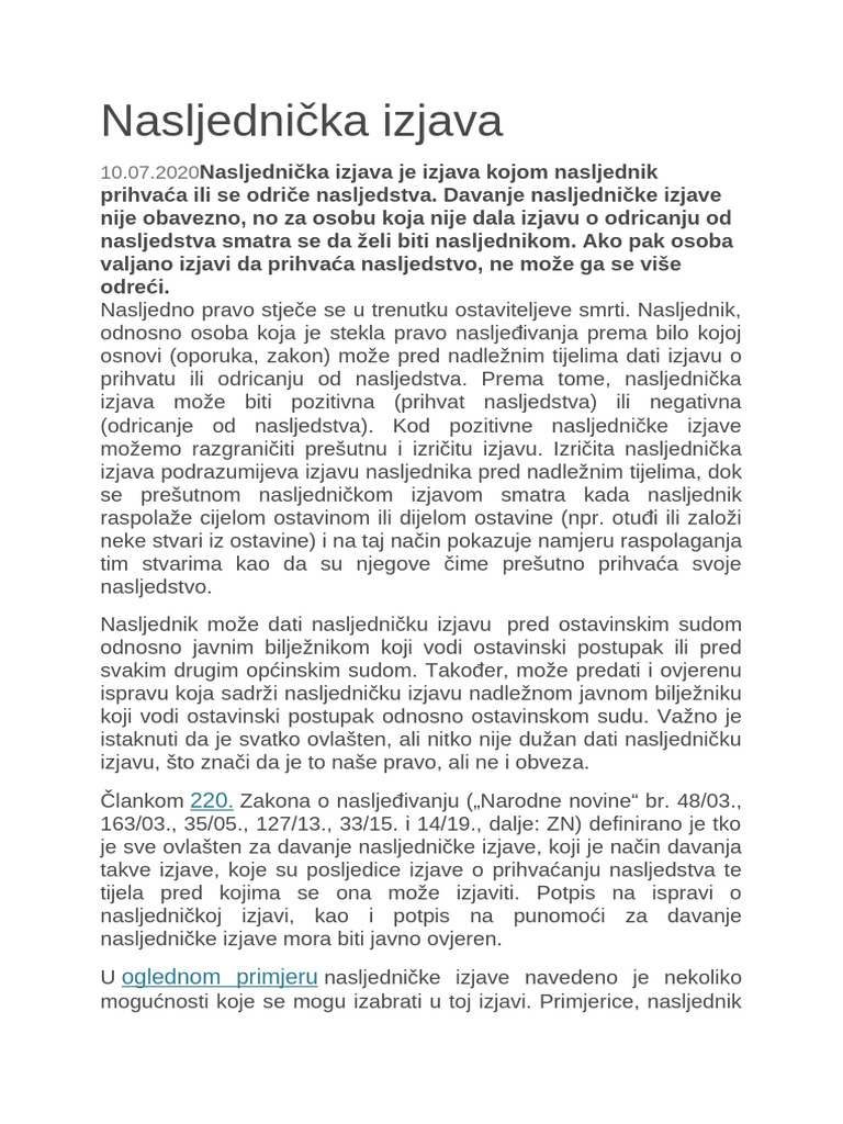 Nasljednička Izjava | PDF