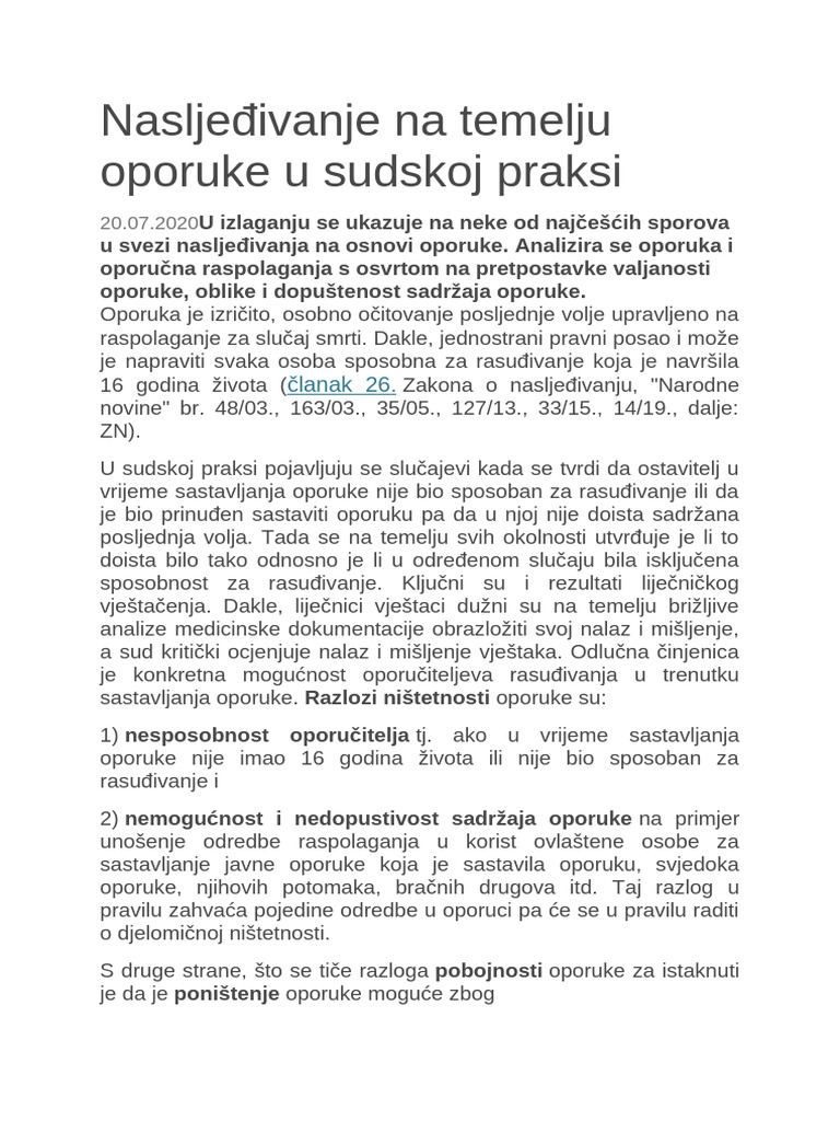 Nasljeđivanje Na Temelju Oporuke U Sudskoj Praksi | PDF