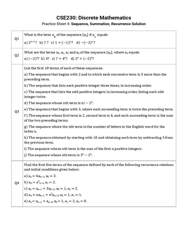 Problemset 4 - Sequence, Summation, Recurrence Solution | PDF | Summation | Sequence