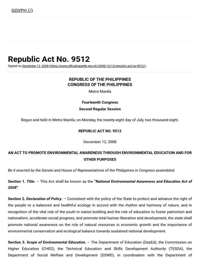 RA 9512 Natl Environmental Awareness and Educ Act (Environmental Awareness Month - November ...