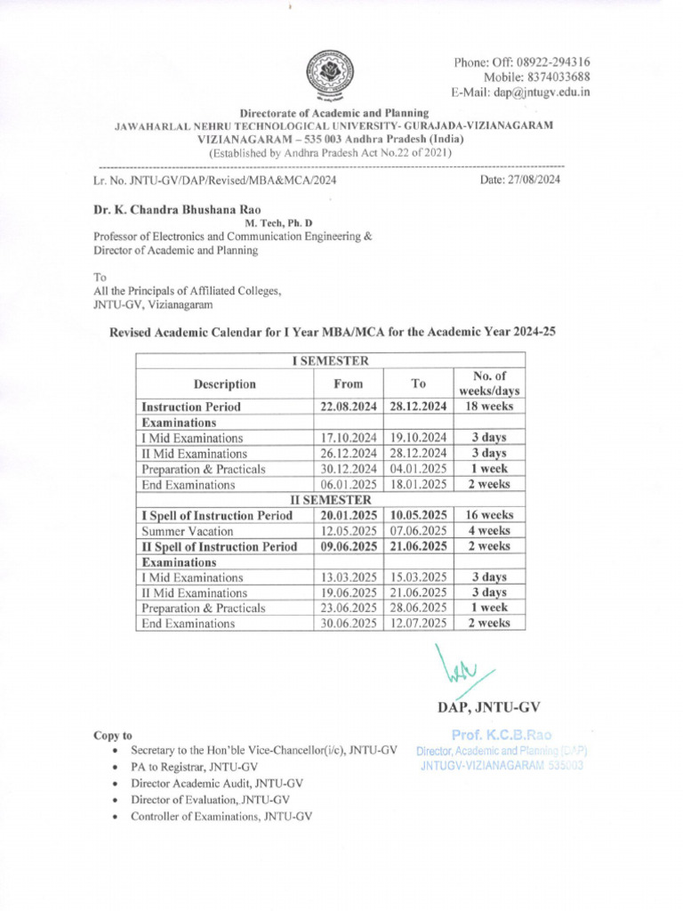Revised Academic Calendar For I Year MBA MCA AY 2024-25 | PDF
