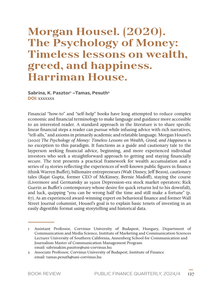 Morgan Housel 2020 The Psychology of MoneyTimeless | PDF | Risk | Optimism