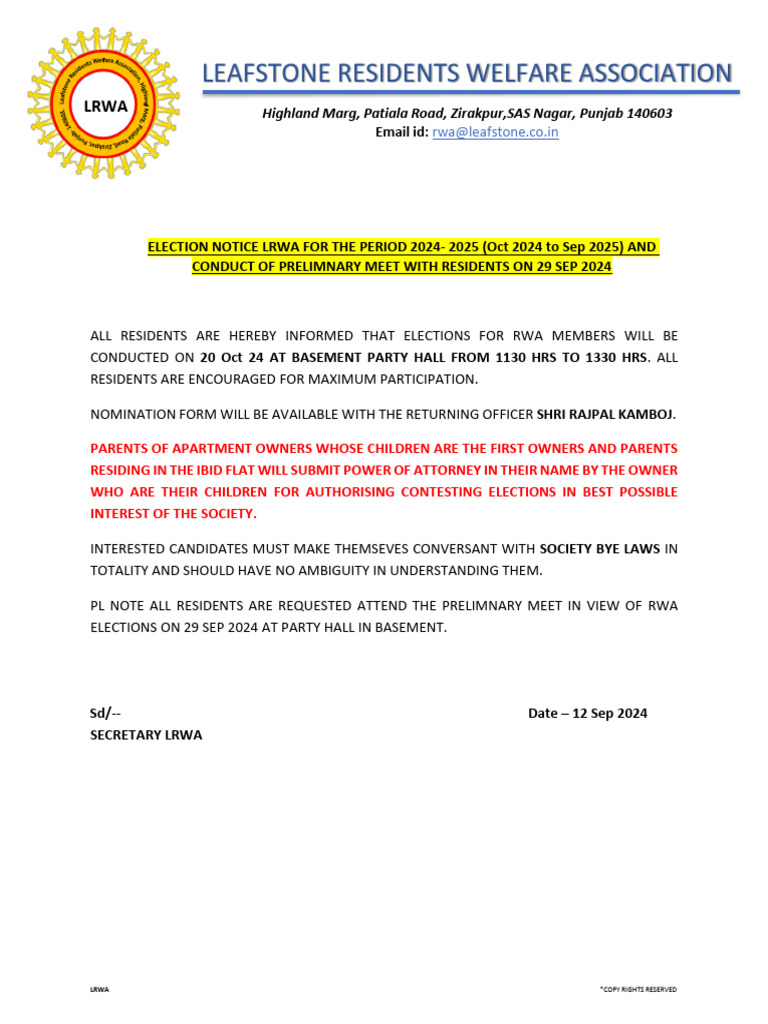 Rwa Election Notice For Residents of Leafstone | PDF