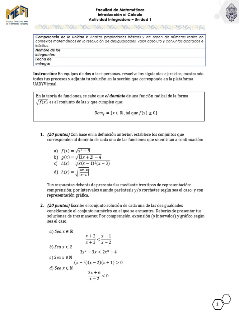 Actividad de Aprendizaje - Integradora - Unidad 1 - ICA | PDF | Número Real | Función (Matemáticas)