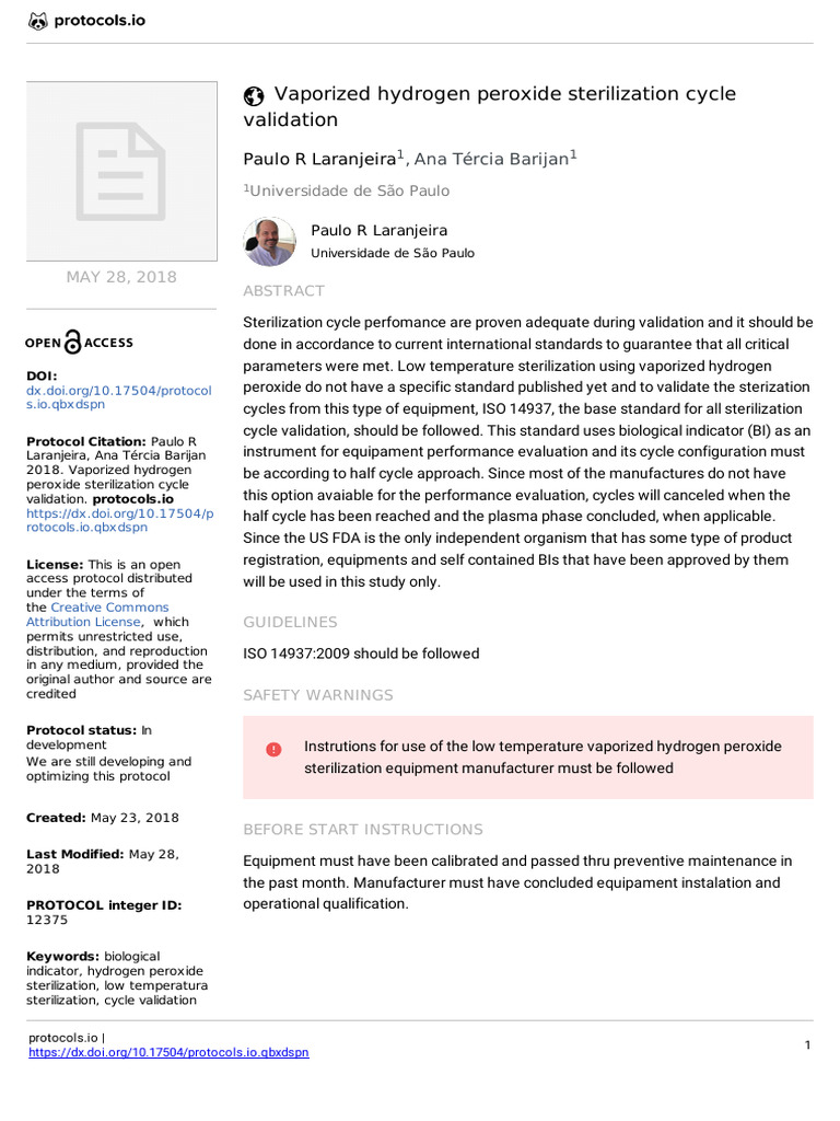 Vaporized Hydrogen Peroxide Sterilization Cycle Va | PDF ...
