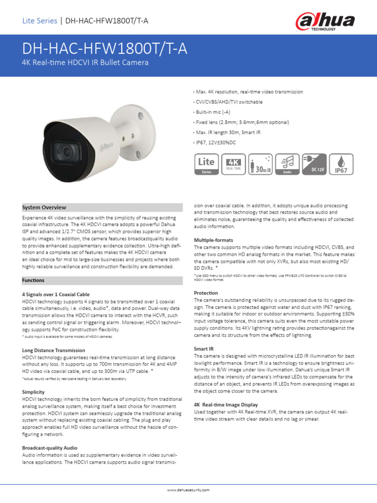 Fisa Tehnica HAC HFW1800T A 0280B | PDF | Video | Camera