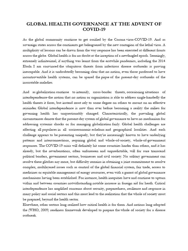 GLOBAL HEALTH GOVERNANCE AT THE ADVENT OF COVID-19 | PDF | Governance ...