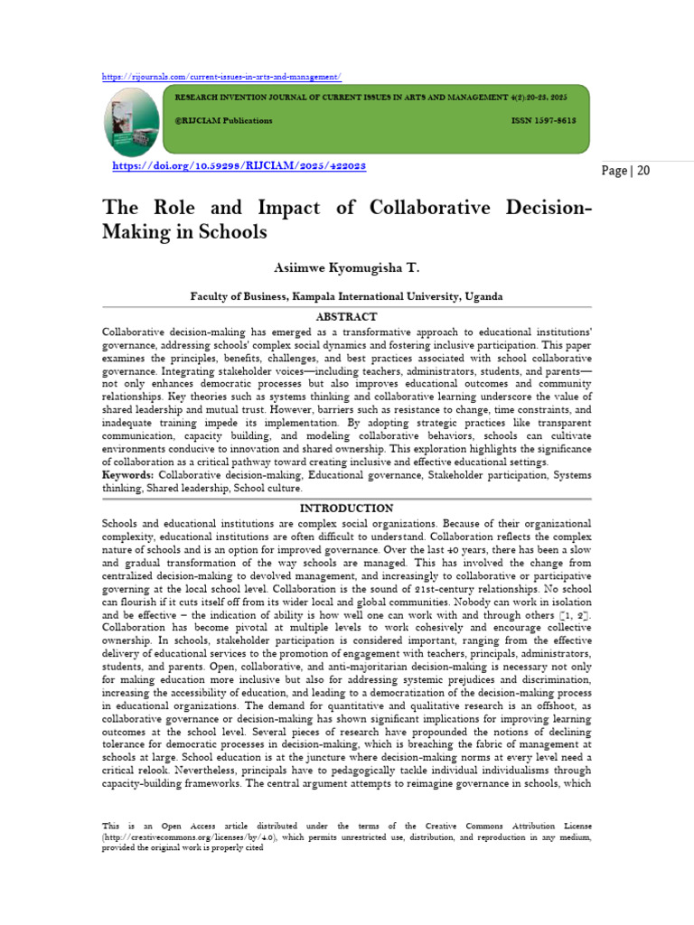 The Role and Impact of Collaborative Decision Making in Schools (WWW ...