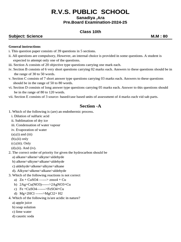 Class 10 Science Pre-Board Exam 2024-25 | PDF | Isomer | Electric Current