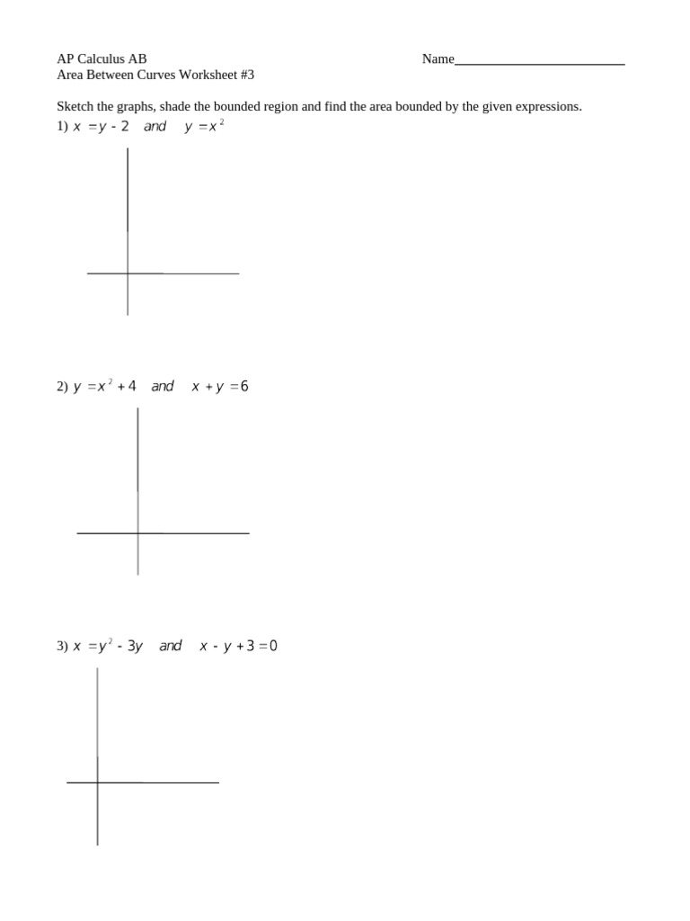 Area Bewteen Curves Worksheet 3 | PDF