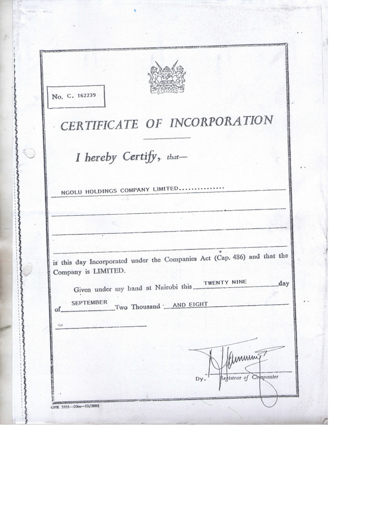 Incorporation of NGOLU HOLDINGS COMPANY | PDF