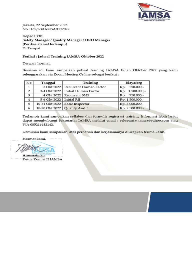 167.1-Surat Training Okt 2022 | PDF
