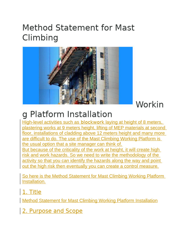Method Statement For Mast Climbing | PDF | Crane (Machine) | Safety