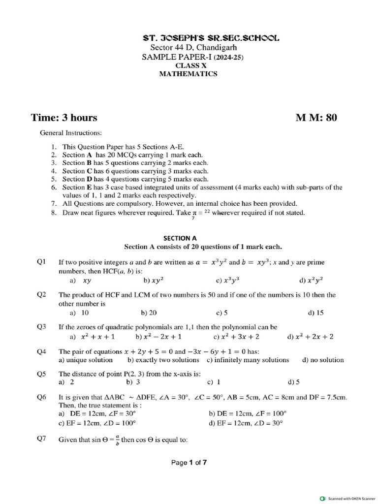 Maths Sample Paper Class X | PDF