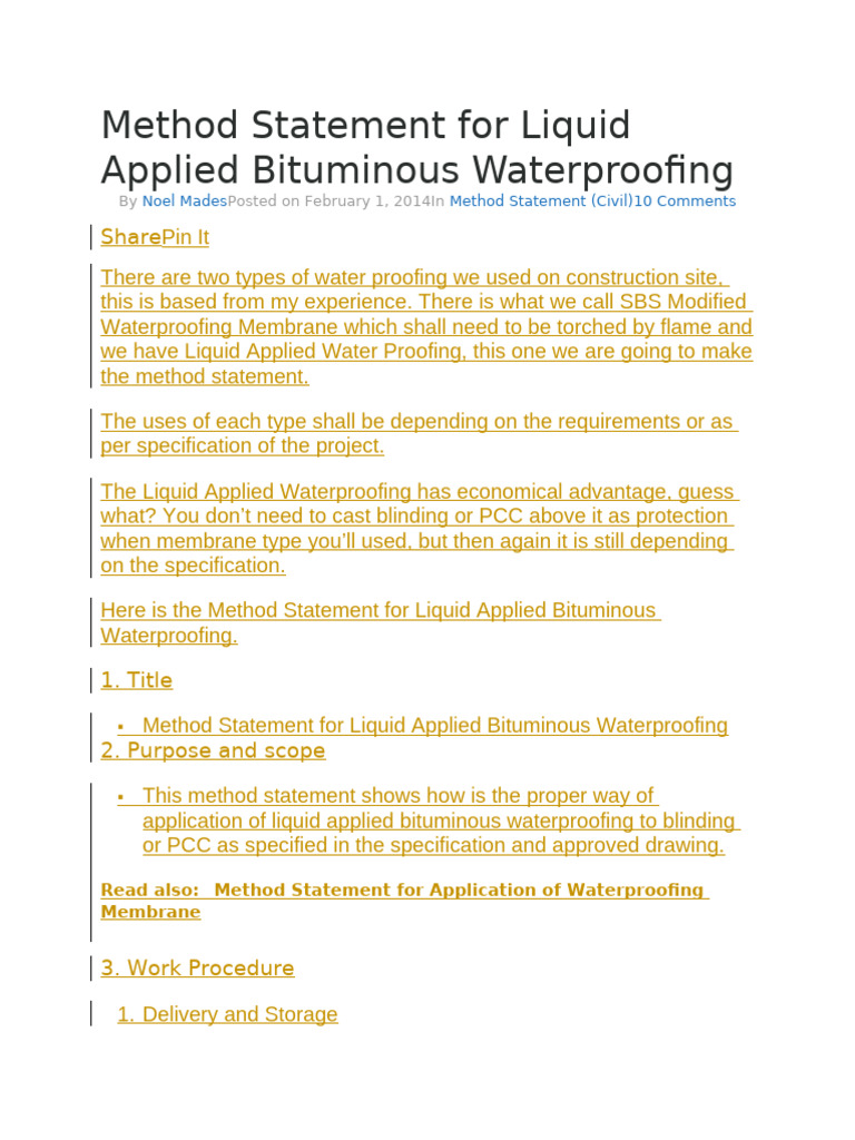 Method Statement For Liquid Applied Bituminous Waterproofing | PDF | Personal Protective ...