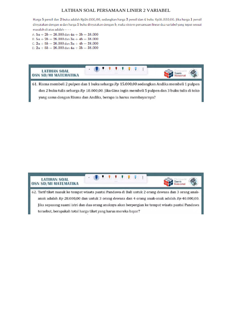 Latihan Soal Persamaan Linier 2 Variabel - Osn SD | PDF