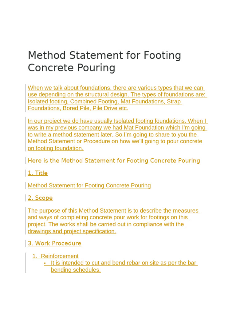 Method Statement for Footing Concrete Pouring | PDF | Concrete | Foundation (Engineering)