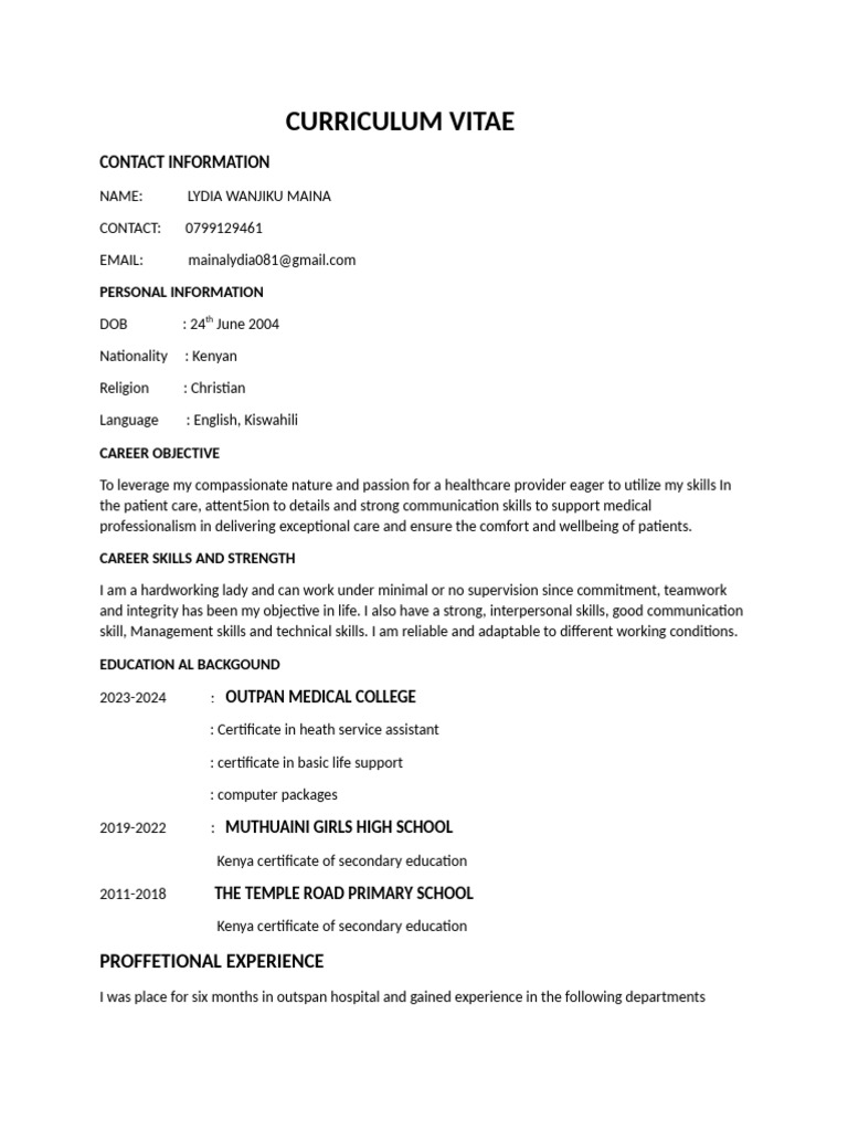 Lydia Wanjiku: Healthcare Assistant CV | PDF | Patient | Public Services